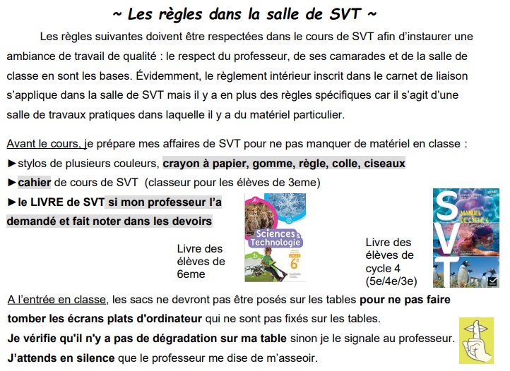 COLLÈGE COLBERT CHÂTEAUROUX - Les règles dans la salle de SVT